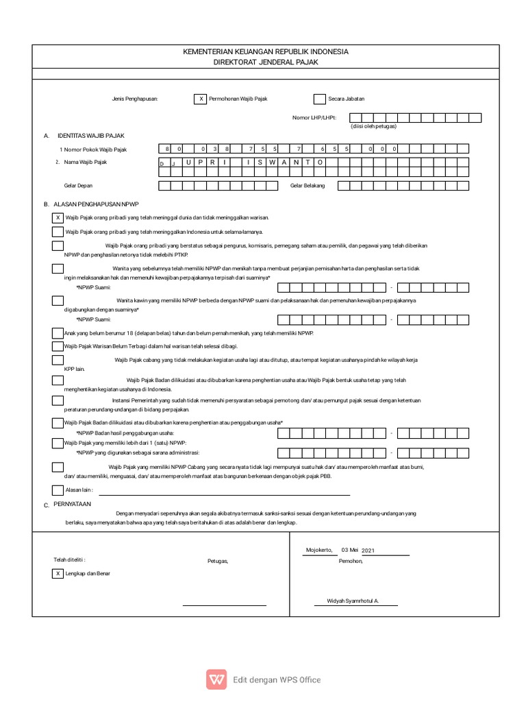 Formulir Penghapusan NPWP | PDF