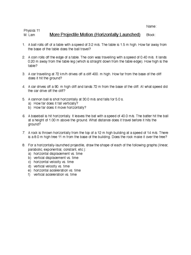 Horizontal Projectile Motion Problems | PDF