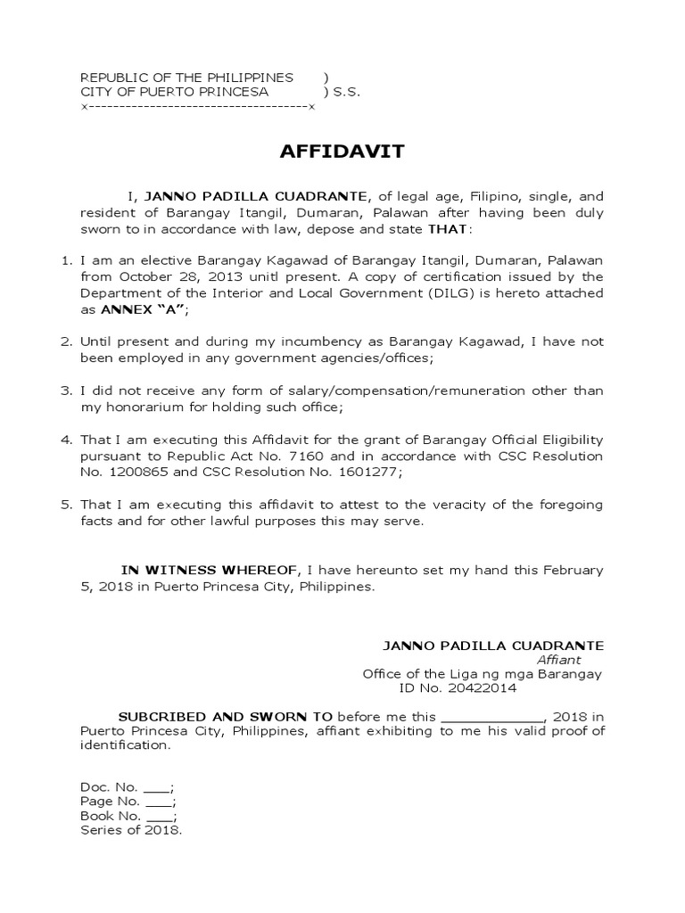 Affidavit: I, JANNO PADILLA CUADRANTE, of Legal Age, Filipino, Single ...