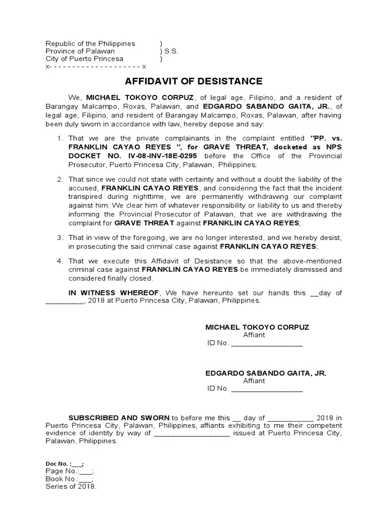 Affidavit of Desistance | PDF | Affidavit | Evidence
