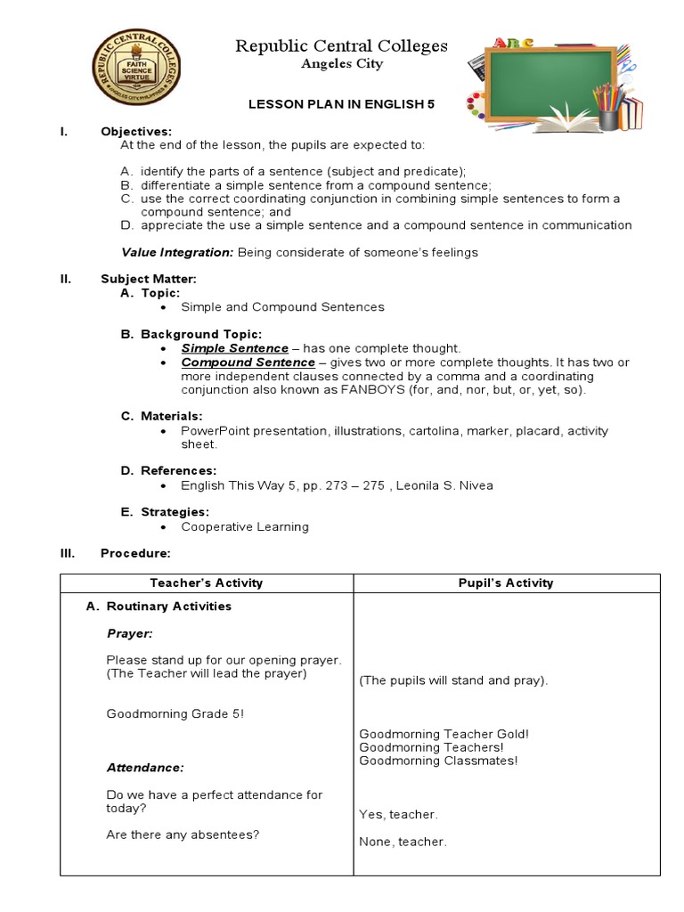 Sample Detailed LEsson Plan in English | PDF | Sentence (Linguistics ...