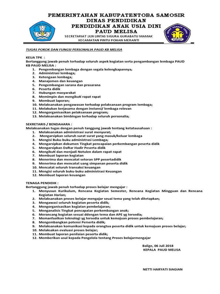 Contoh Tupoksi Paud | PDF | Karier & Perkembangan | Ilmu Sosial
