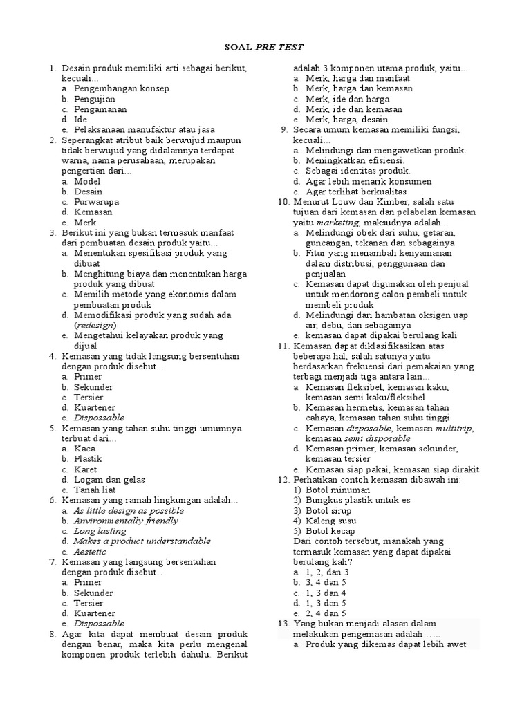 Soal Pre Test Kemasan Produk | PDF