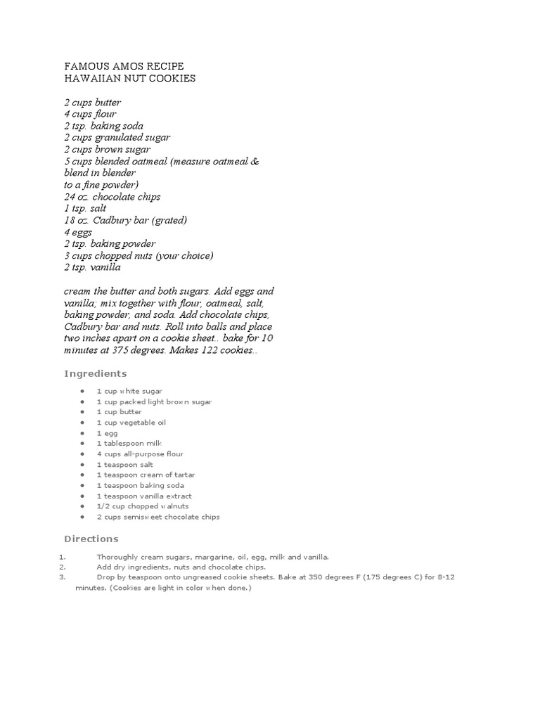 Famous Amos Recipe Hawaiian Nut Cookies: Ingredients | PDF