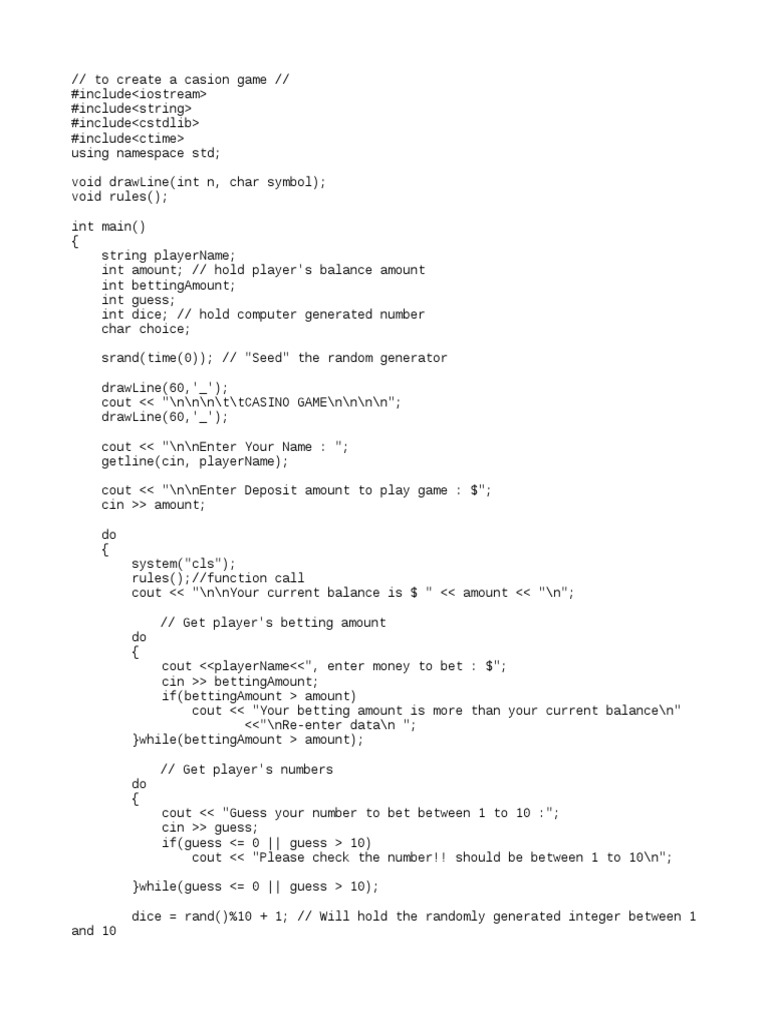 Casino Game Simulation: A C++ Program to Simulate a Basic Casino Game ...