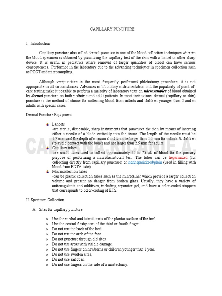 Capillary Puncture Techniques and Guidelines | PDF | Blood | Medical ...