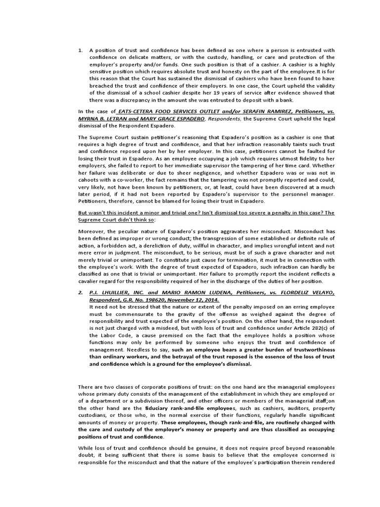 Loss of Trust and Confidence in Employment | PDF | Trust Law | Fiduciary