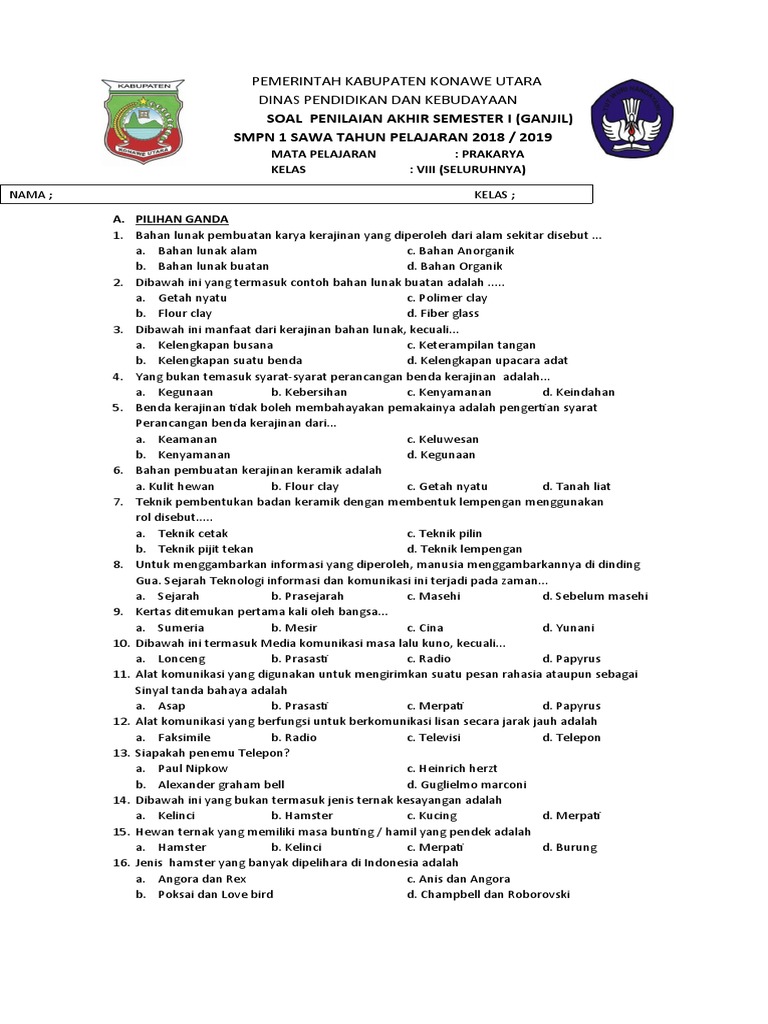 Soal Uas Prakarya Kls Viii 2018-2019 | PDF