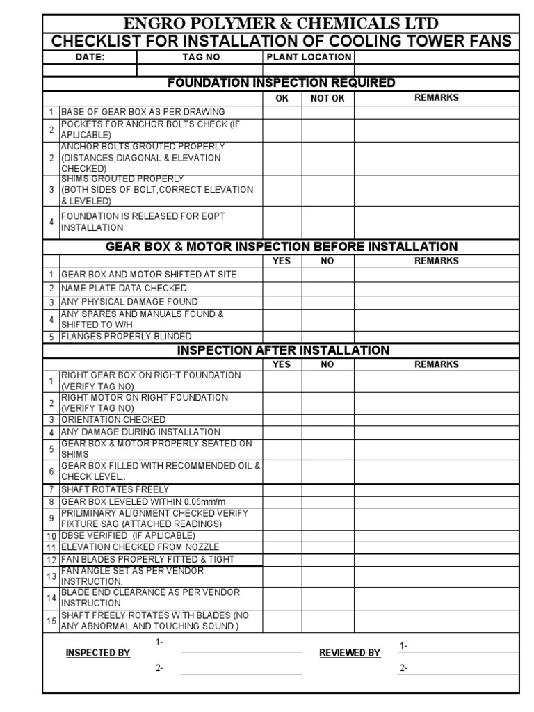 COOLING TOWER FAN Erection Quality Checklists | PDF