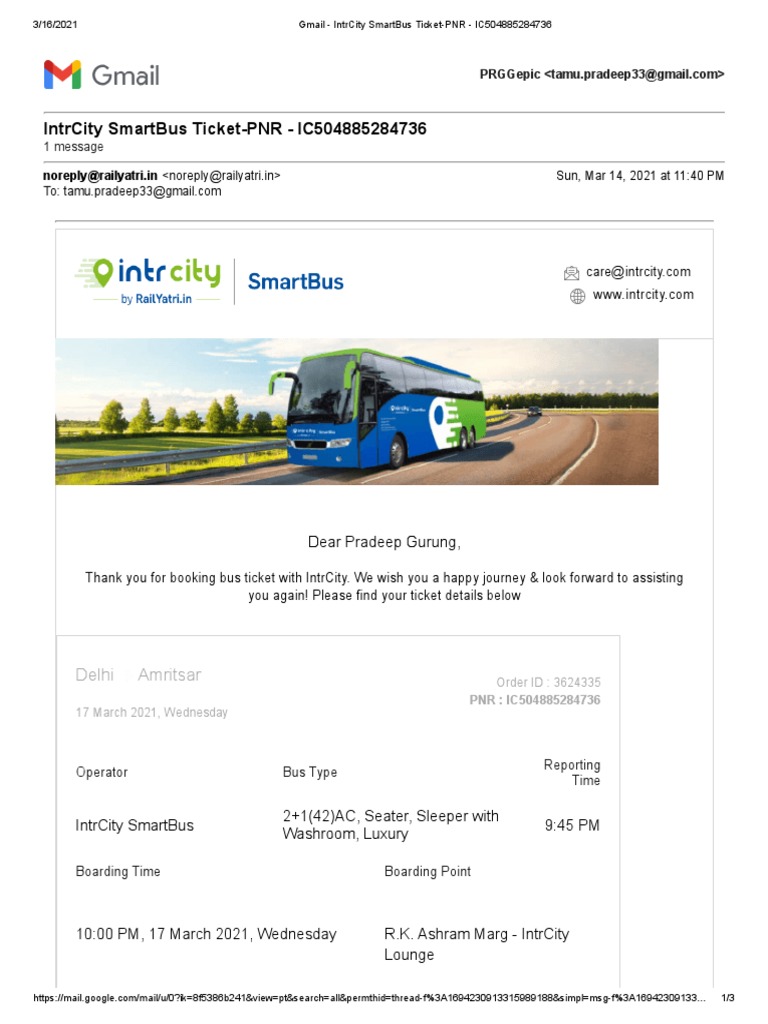 Intrcity Smartbus Ticket-Pnr - Ic504885284736: Delhi Amritsar | PDF | Passenger Rail Transport ...