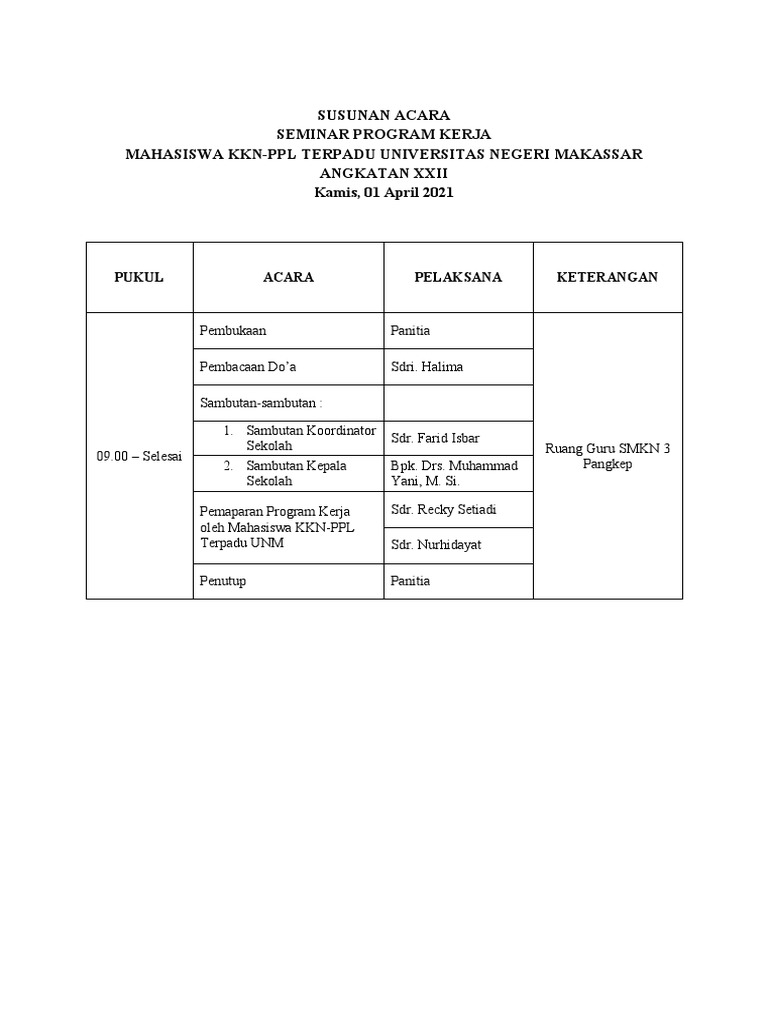 Susunan Acara Seminar Proker KKN - PPL Unm | PDF