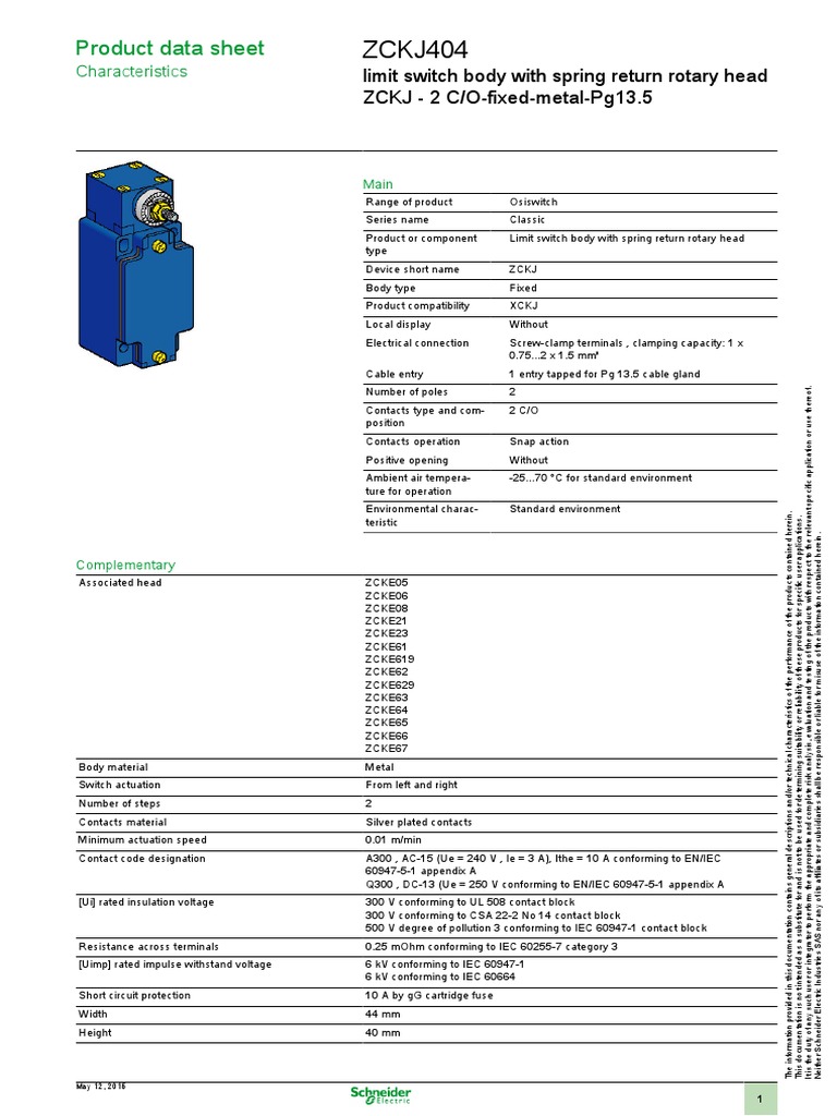 ZCKJ404 Limit Switch Technical Data Sheet | PDF | Switch | Electrical ...