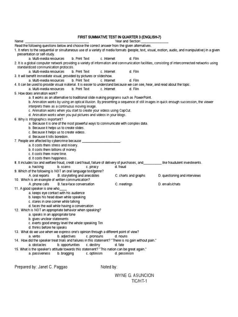 First Summative Test in Quarter 3 English | PDF | Multimedia | Reading ...