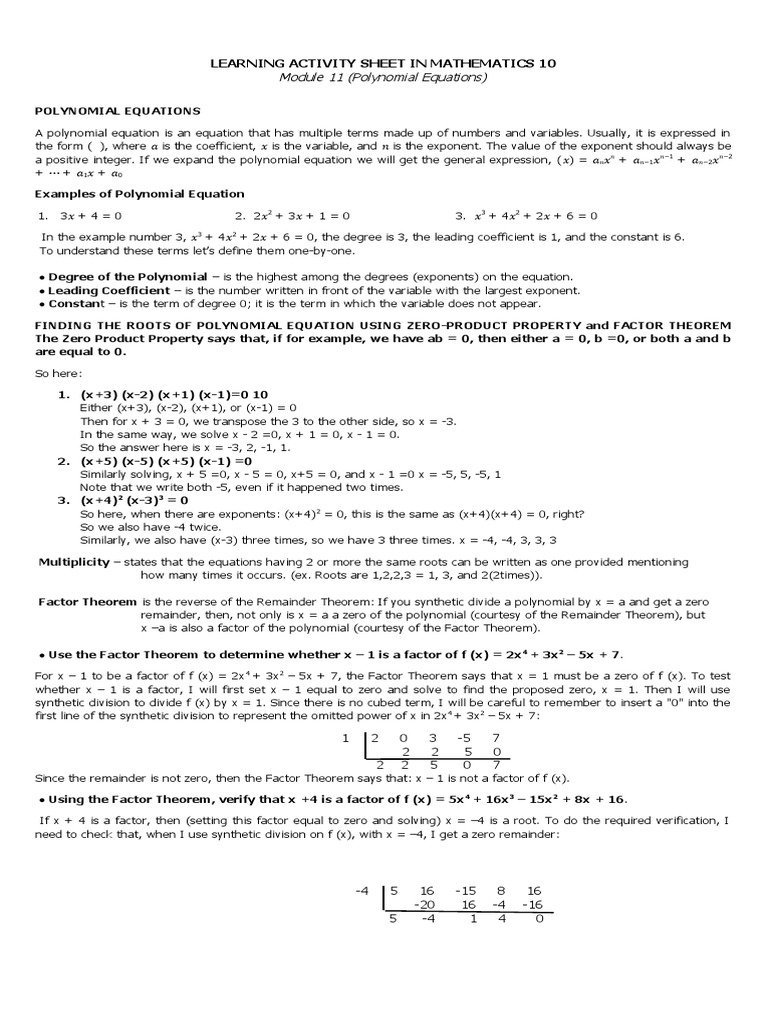 Module 11 (Polynomial Equations) : Learning Activity Sheet in ...
