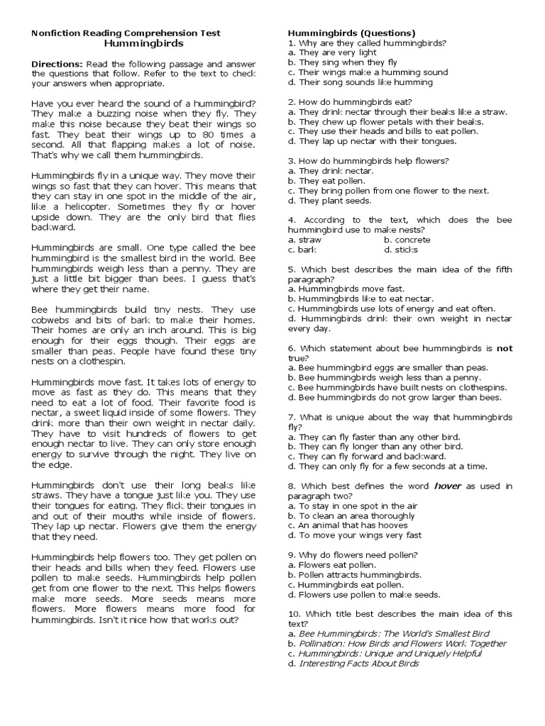 3rd Iread g8 Hummingbirds Nonfiction Reading Test | PDF | Flowers | Bees