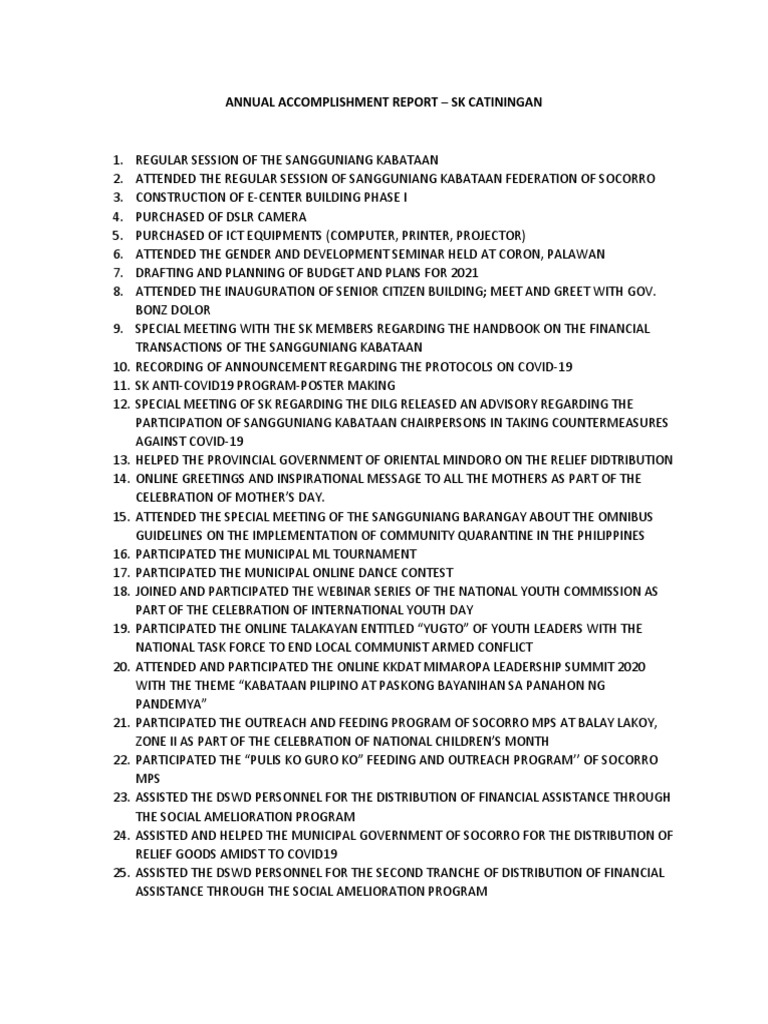 SK Catinigan Annual Accomplishment Report | PDF | Philippines | Government