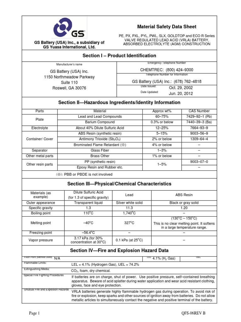 Safety Data and Health Hazards of Valve Regulated Lead Acid Batteries ...