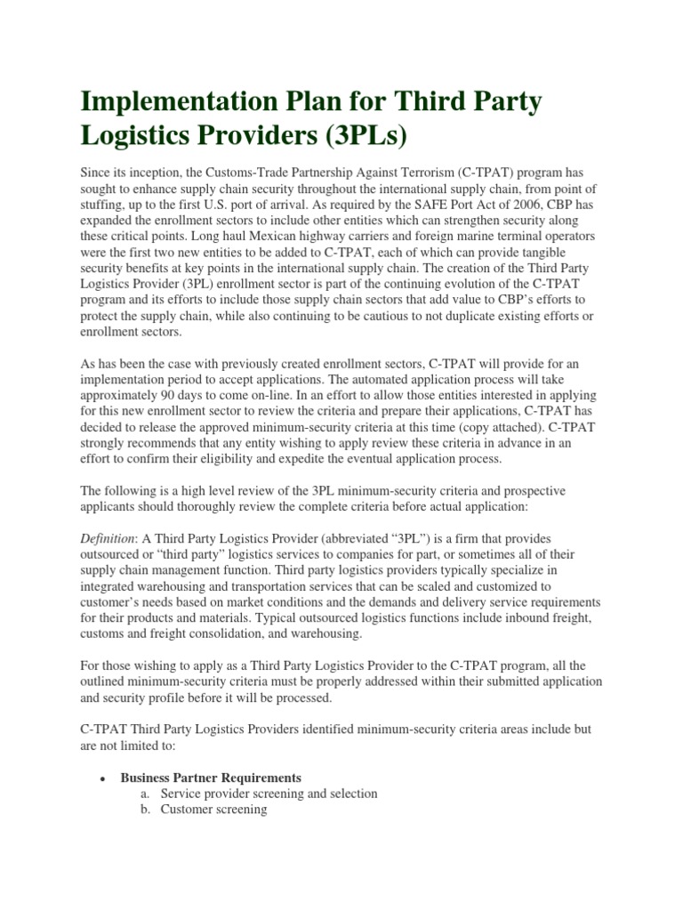 Implementation Plan For Third Party Logistics Providers (3Pls) | PDF ...
