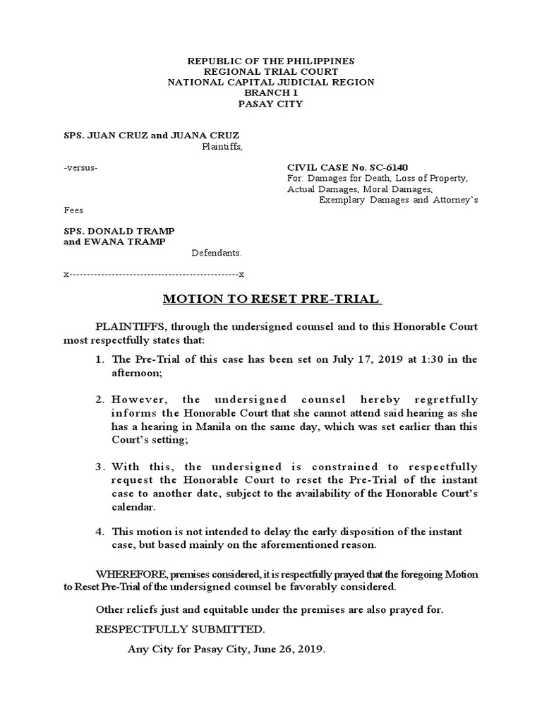 Motion To Postpone PreTrial | PDF | Damages | Lawsuit