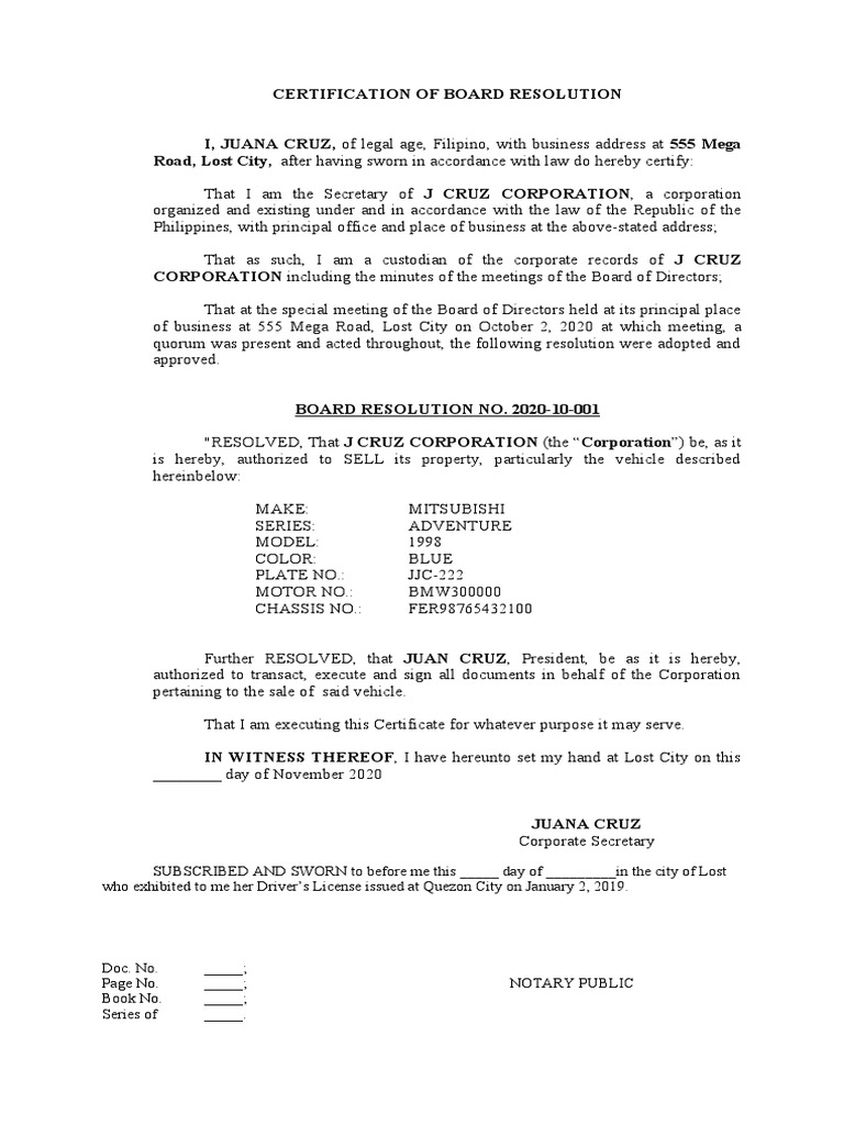 Board Resolution Sale of Vehicle | PDF
