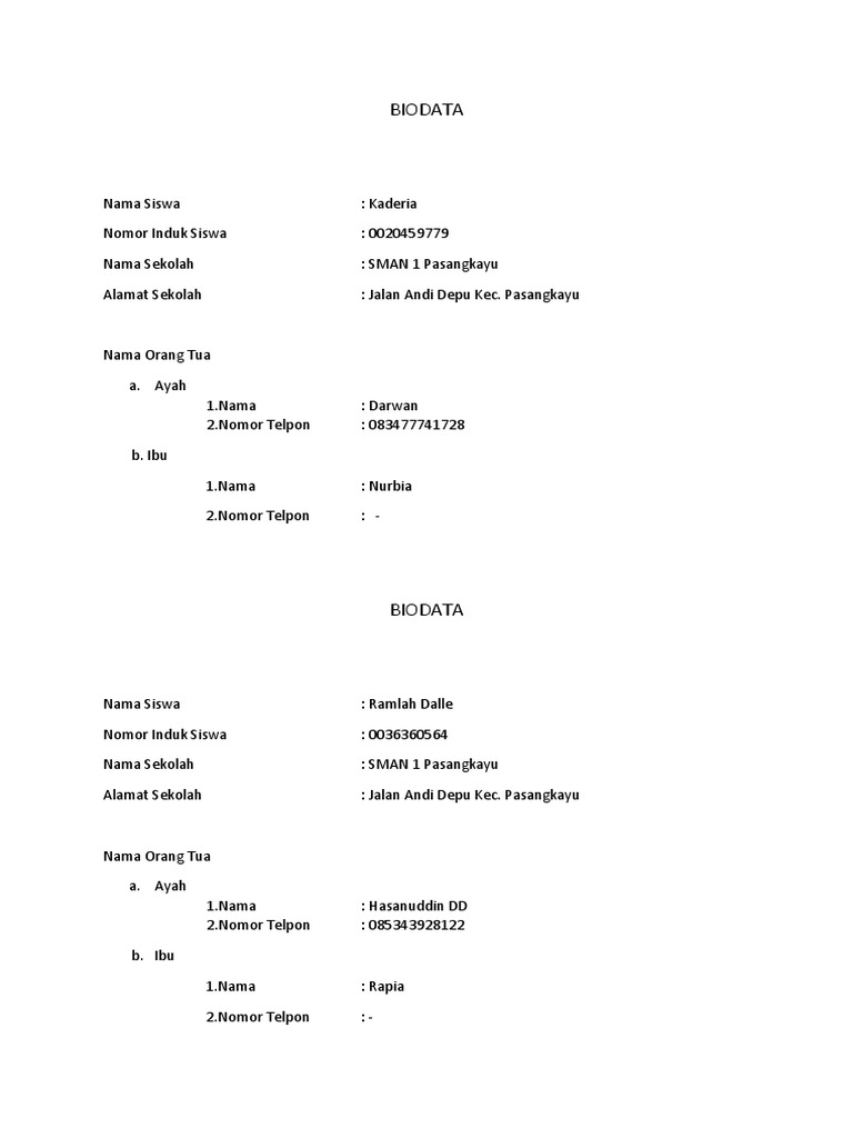 Contoh BIODATA SISWA TDK MAMPU | PDF