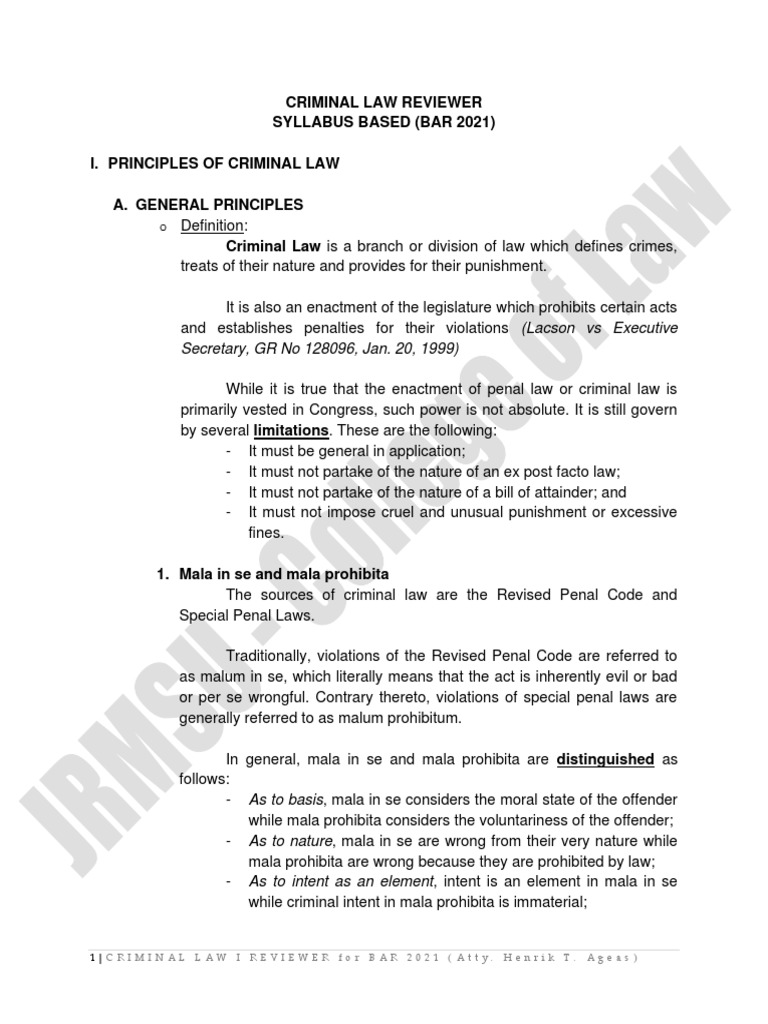 Criminal Law 1 Reviewer Bar 2021 | PDF | Crime & Violence | Crime Thriller