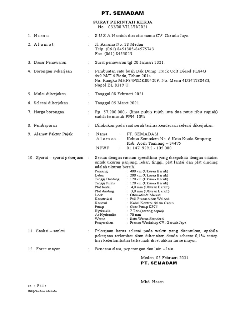 SPK CV Garuda Jaya (BENGKEL) | PDF