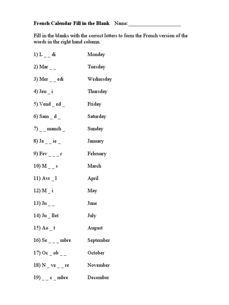 French Days and Months Worksheet | PDF