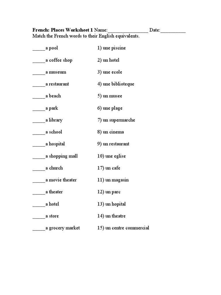 French: Places Worksheet 1 Name: - Date | PDF