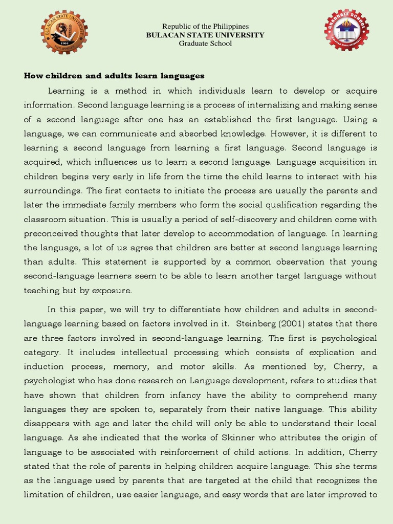 How Children and Adults Learn Languages Essay | PDF | Second Language ...