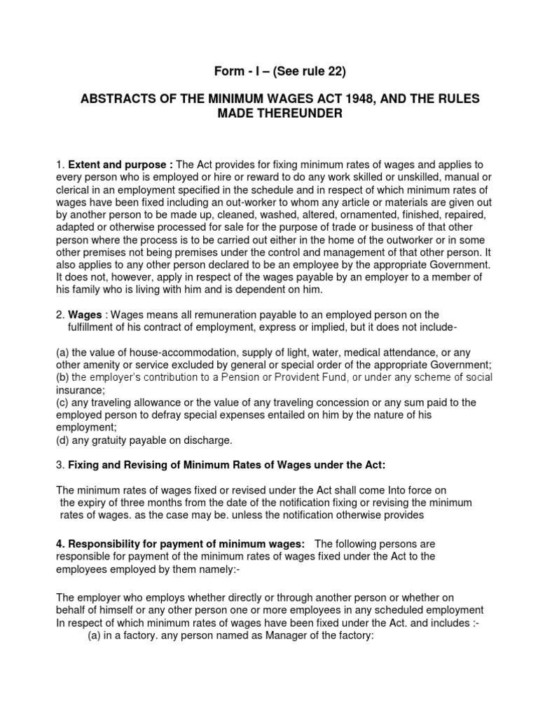Form - I - (See Rule 22) Abstracts of The Minimum Wages Act 1948, and ...