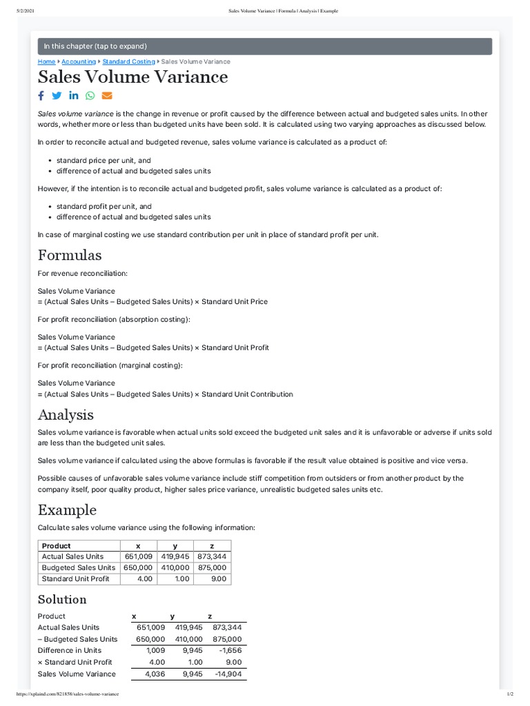 Sales Volume Variance Formula Analysis Example Pdf Economies Business Economics