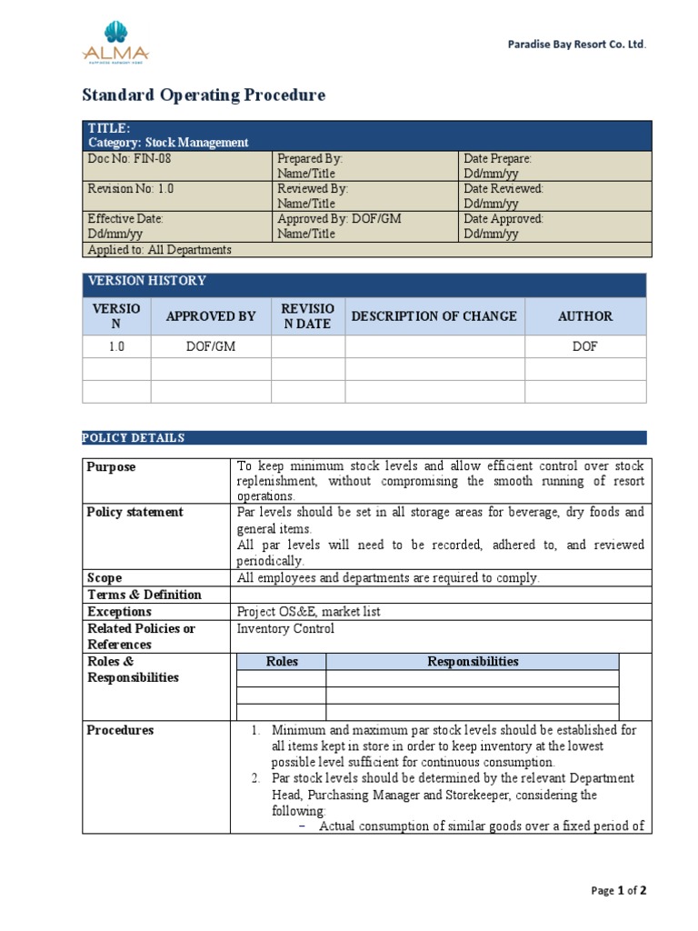 Standard Operating Procedure: Title: Category: Stock Management | PDF ...