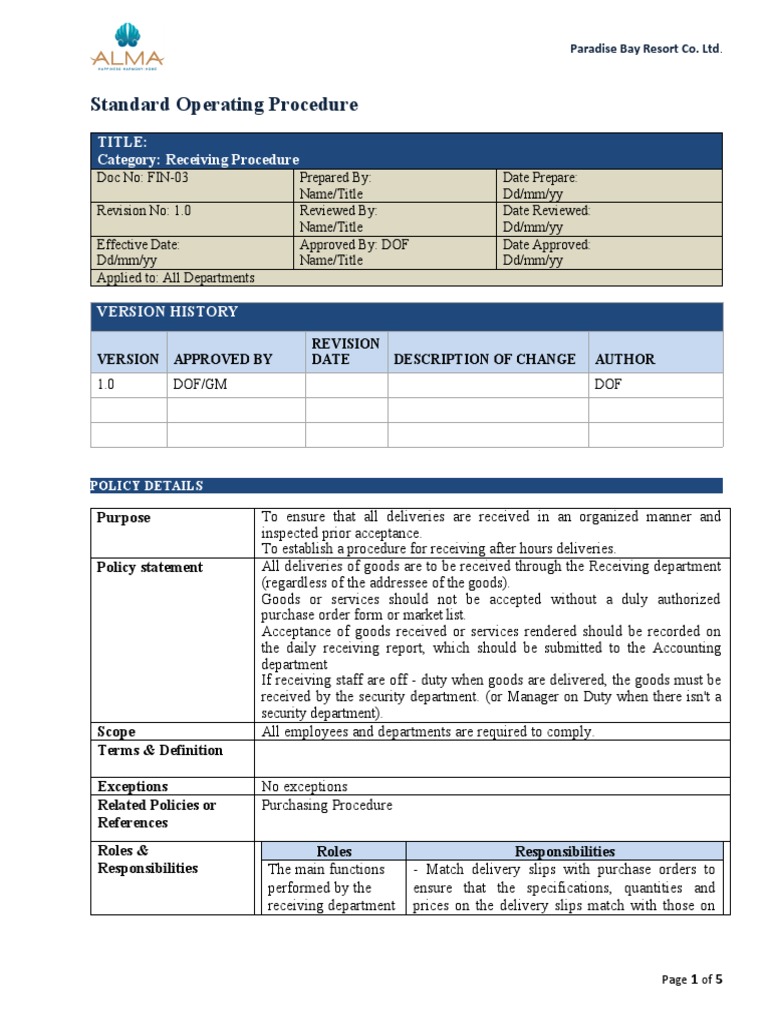 Goods Receiving Procedure Overview | PDF | Inventory | Specification ...