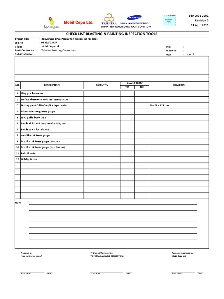 Check List Blasting & Painting Inspection Tools: Tripatra-Samsung ...