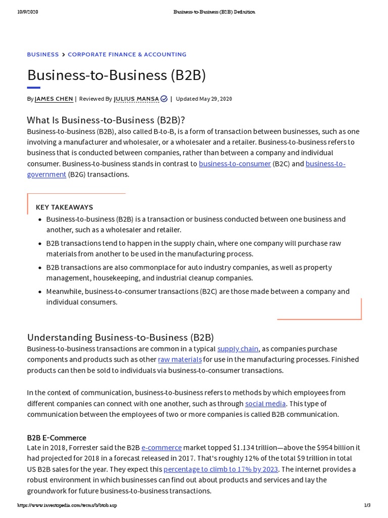Business-to-Business (B2B) Definition - Investopedia | PDF | Business ...