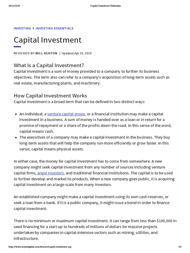 Capital Investment Definition - Investopedia | PDF | Capital (Economics ...
