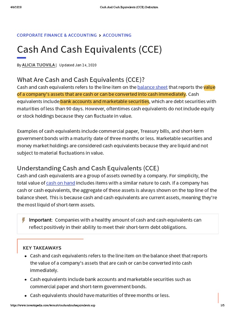 Cash and Cash Equivalents (CCE) Definition - Investopedia | PDF | Cash ...