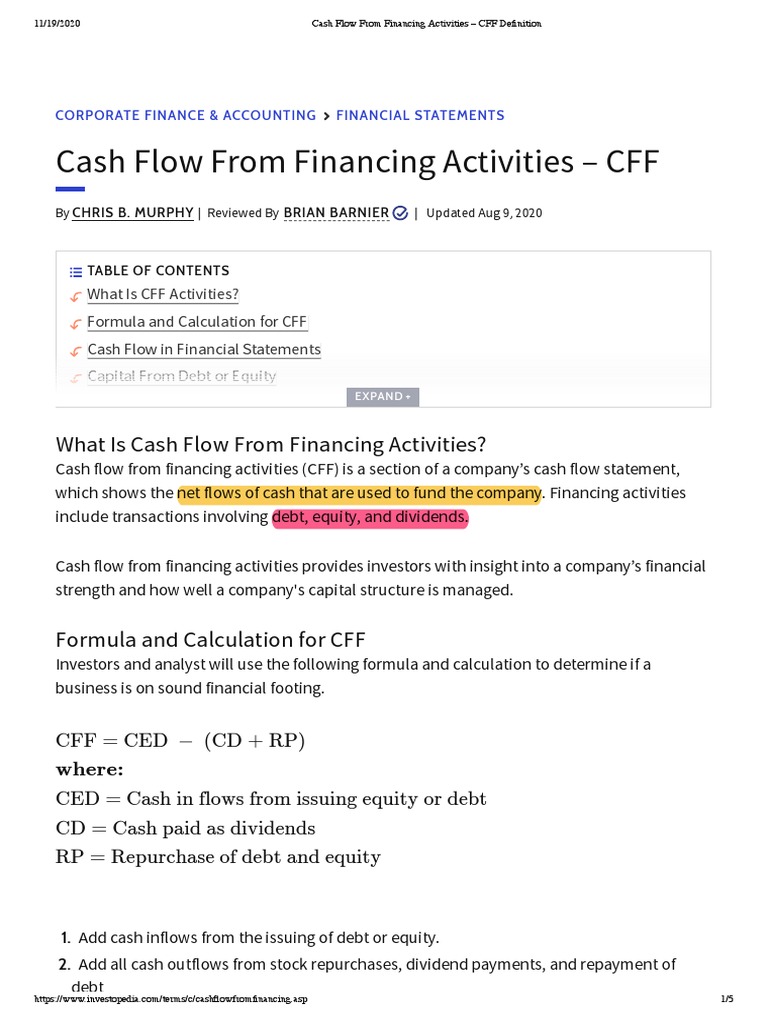 Cash Flow From Financing Activities - CFF Definition - Investopedia ...