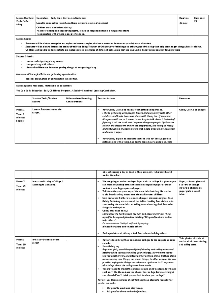 Getting Along: Early Childhood Lesson Plan | PDF | Curriculum | Learning