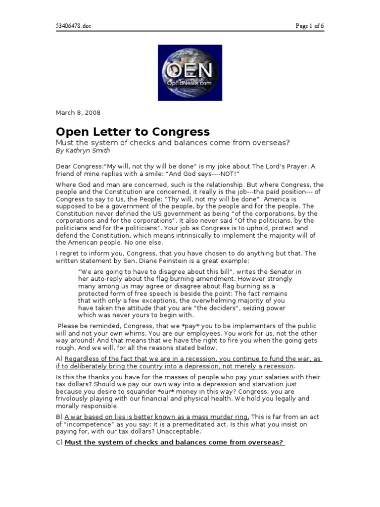 03-08-08 OEN-Open Letter To Congress by Kathryn Smith | PDF | United ...
