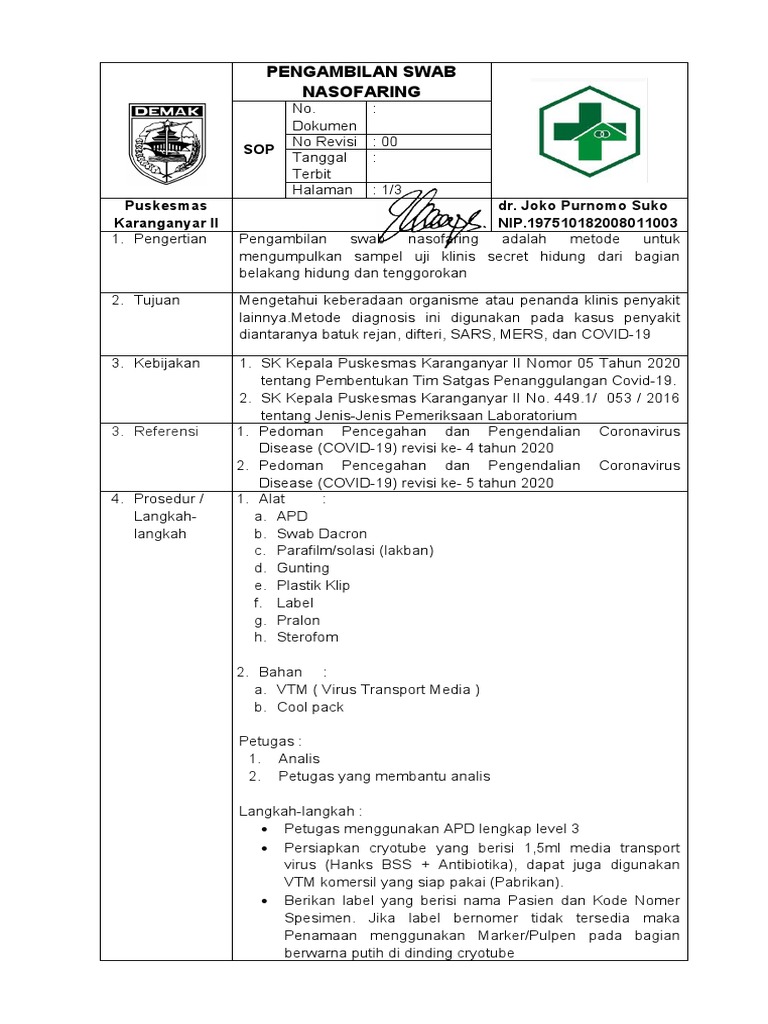 Sop Pengambilan Swab Nasofaring | PDF