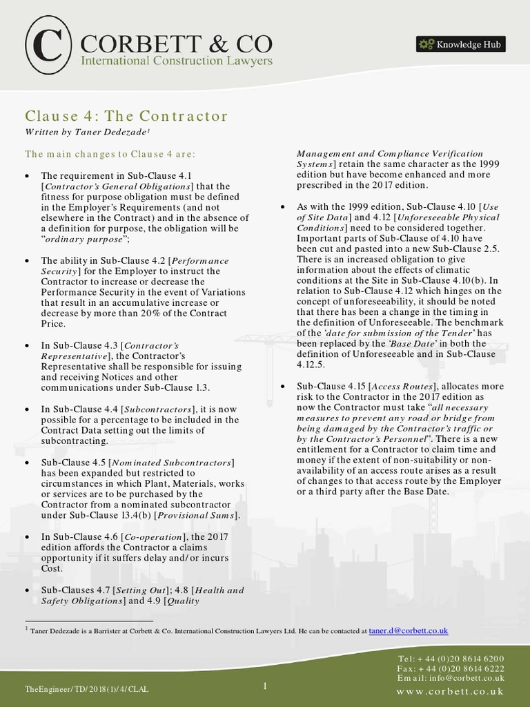 Clause 4 The Contractor | PDF | General Contractor | Subcontractor
