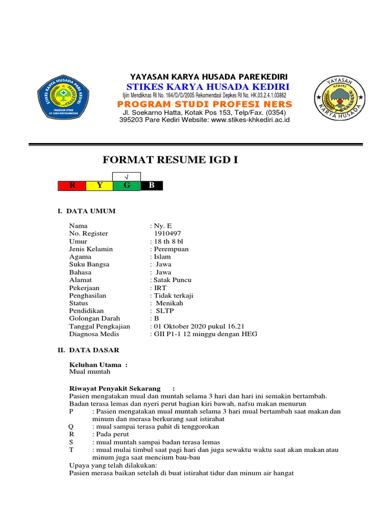 Format Resume Igd I: Stikes Karya Husada Kediri | PDF