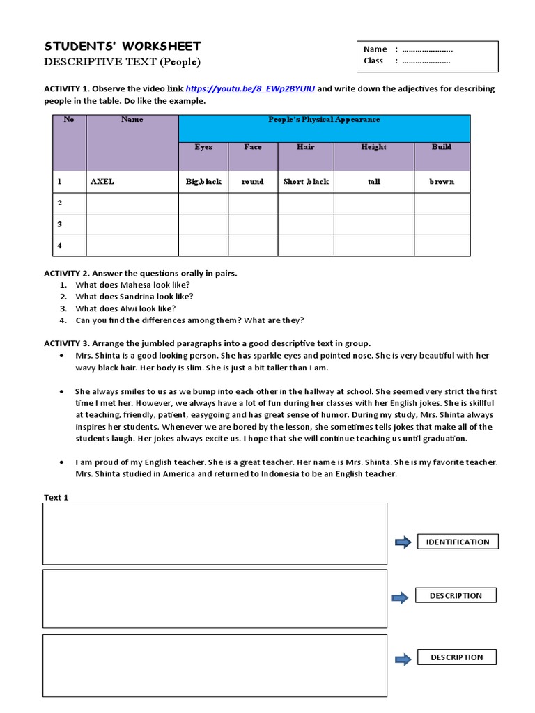 Descriptive Text (People) : Students' Worksheet | PDF | Communication