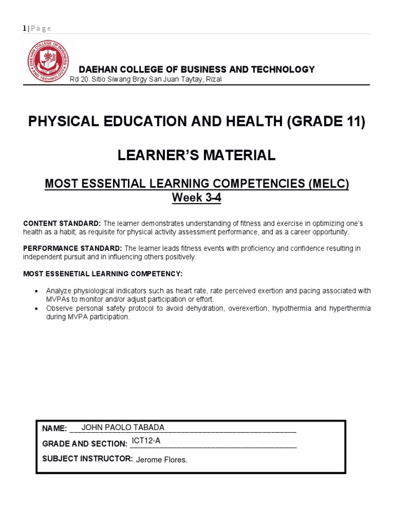 Physical Education and Health (Grade 11) Learner'S Material: Most ...