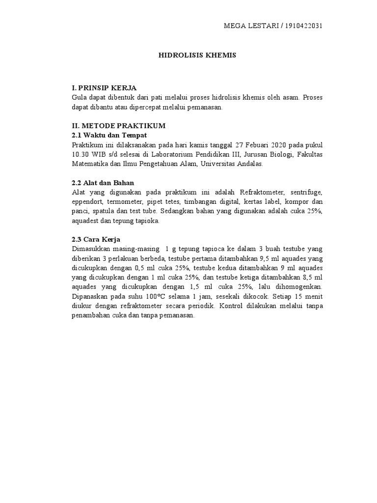 Acc 2 - Mega Lestari - Kelompok 1A - A - Hidrolisis Khemis | PDF