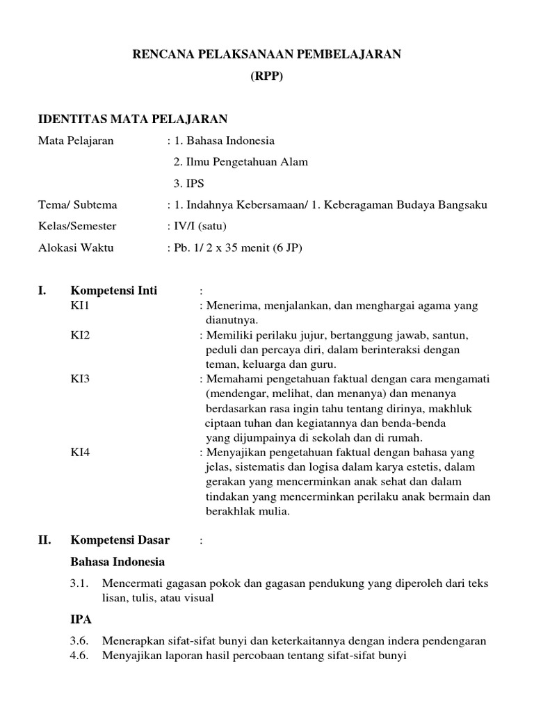 Contoh RPP Pembelajaran Terpadu | PDF | Karier & Perkembangan | Seni ...