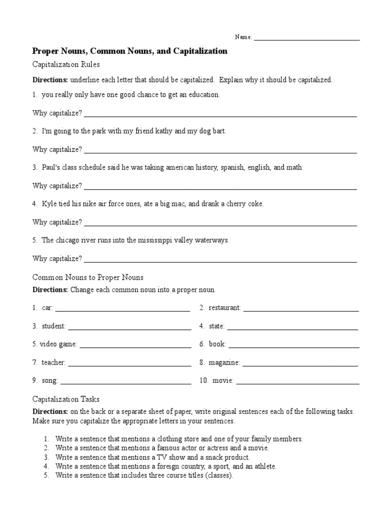 Common and Proper Nouns and Capitalization Worksheet | PDF