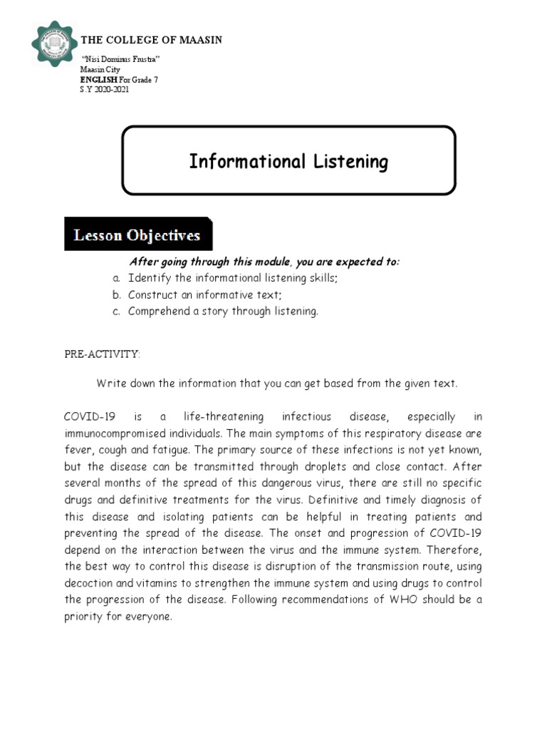 Informational Listening Skills | PDF | Infection | Body Language